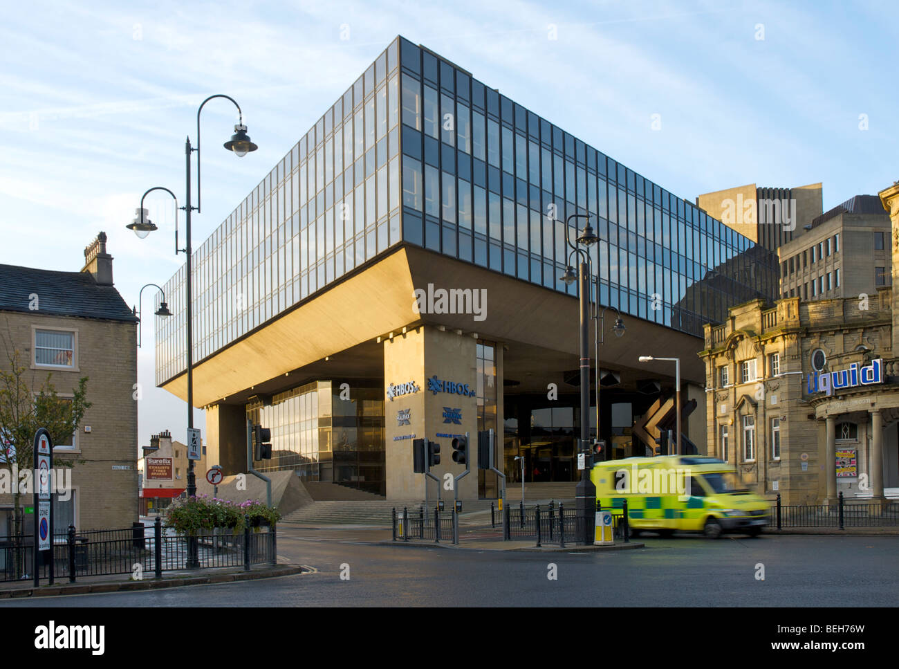 Ambulance passing HBOS head office, Trinity Road, Halifax, West ... Ambulance passing HBOS head office, Trinity Road, Halifax, West ...