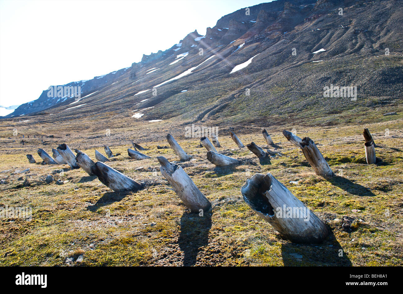 Spitsbergen, Svalbard, Longyearbyen, historic remains of old part of ...