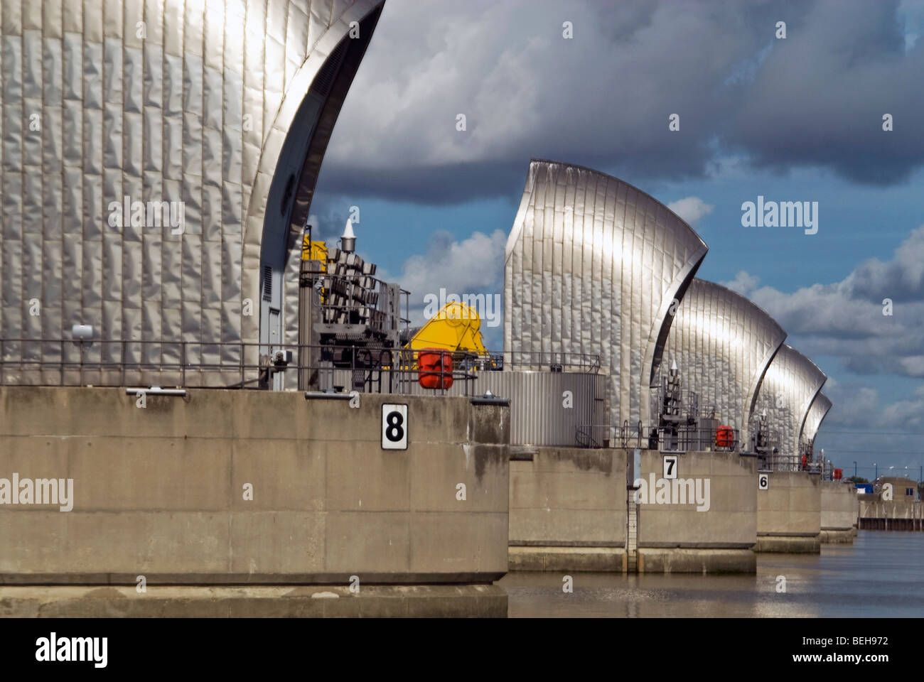 Horizontal downstream close up of the piers at the Thames Flood Barrier ...