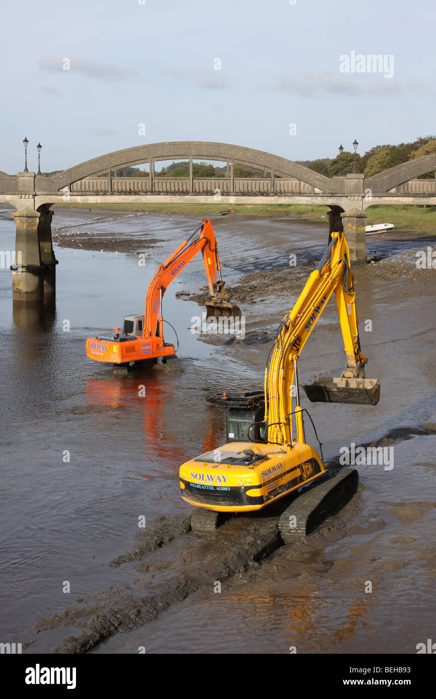 two hydraulic excavators in River Dee Kirkcudbright, Dumfries and ...
