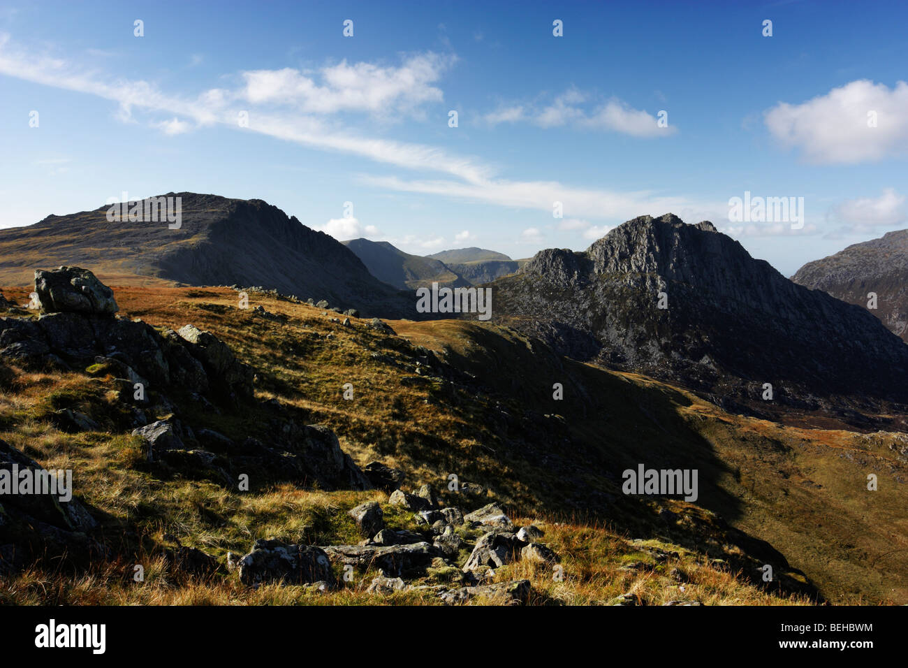 Evening light over the mountains of Glyder Fach (L) and Tryfan (R ...