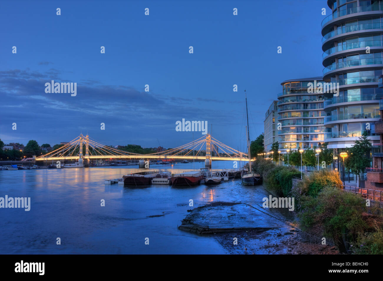 View of the Albion Riverside and Albert Bridge from Battersea Bridge in ...