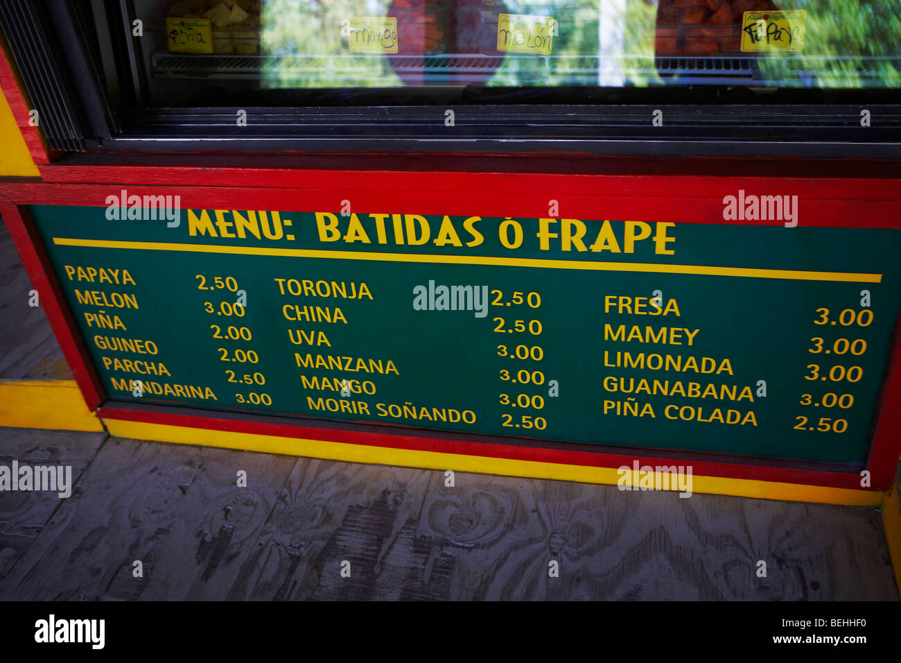 Display cabinet and a menu at a juice bar Stock Photo - Alamy