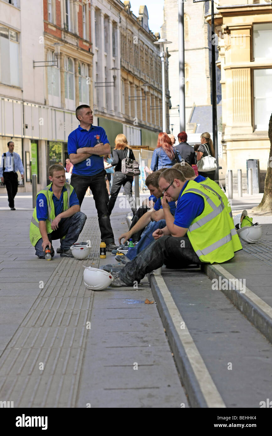 Building site workers on their break in Cardiff City Center Wales Stock ...