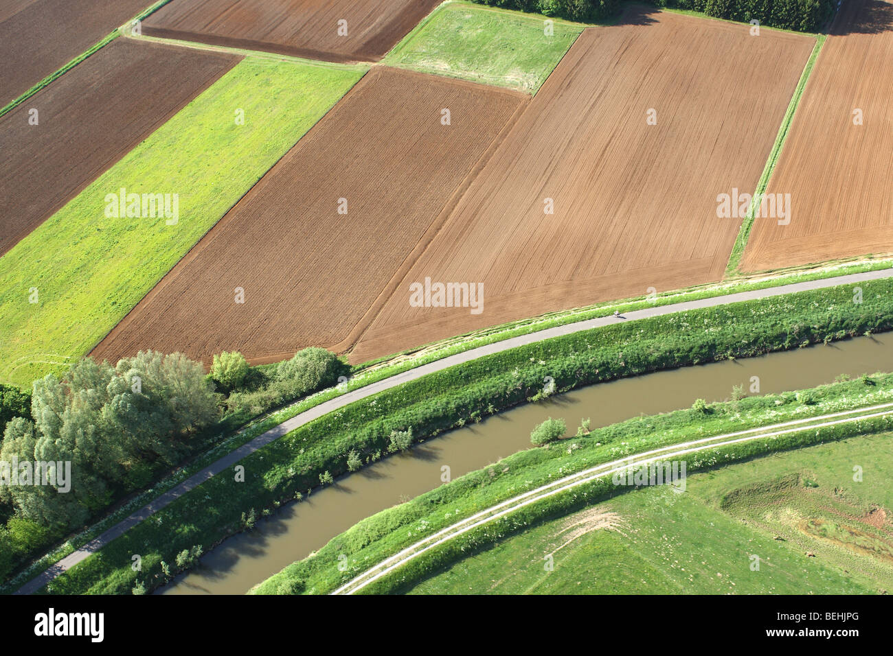 Fields and grasslands along river Demer from the air, valley of Demer ...