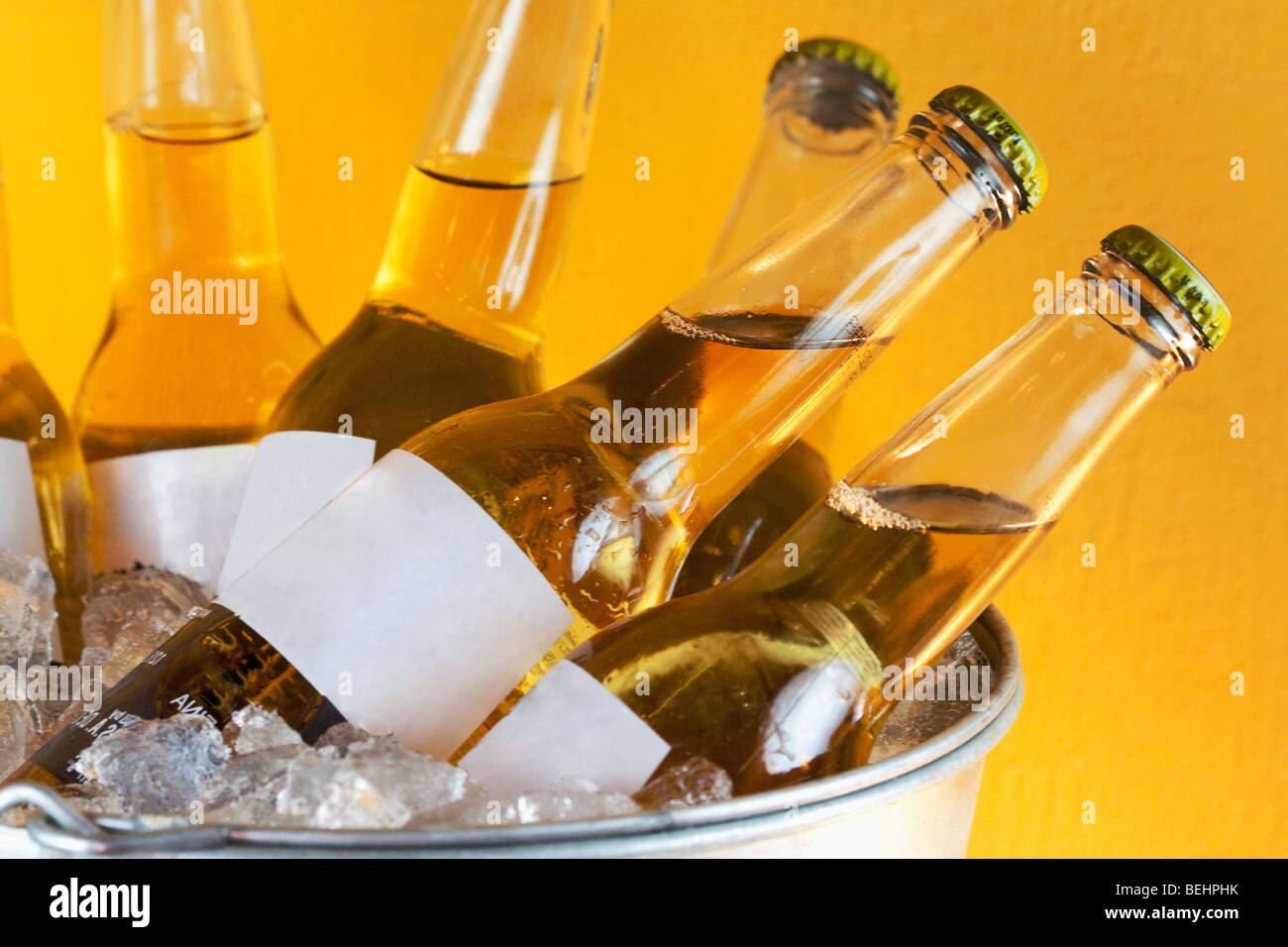 Close-up of beer bottles in a bucket Stock Photo - Alamy