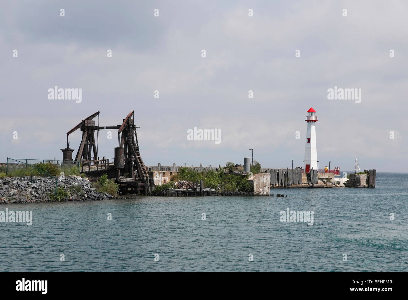 Wawatam Lighthouse and old Railroad Dock on Lake Huron in Saint Ignace ...