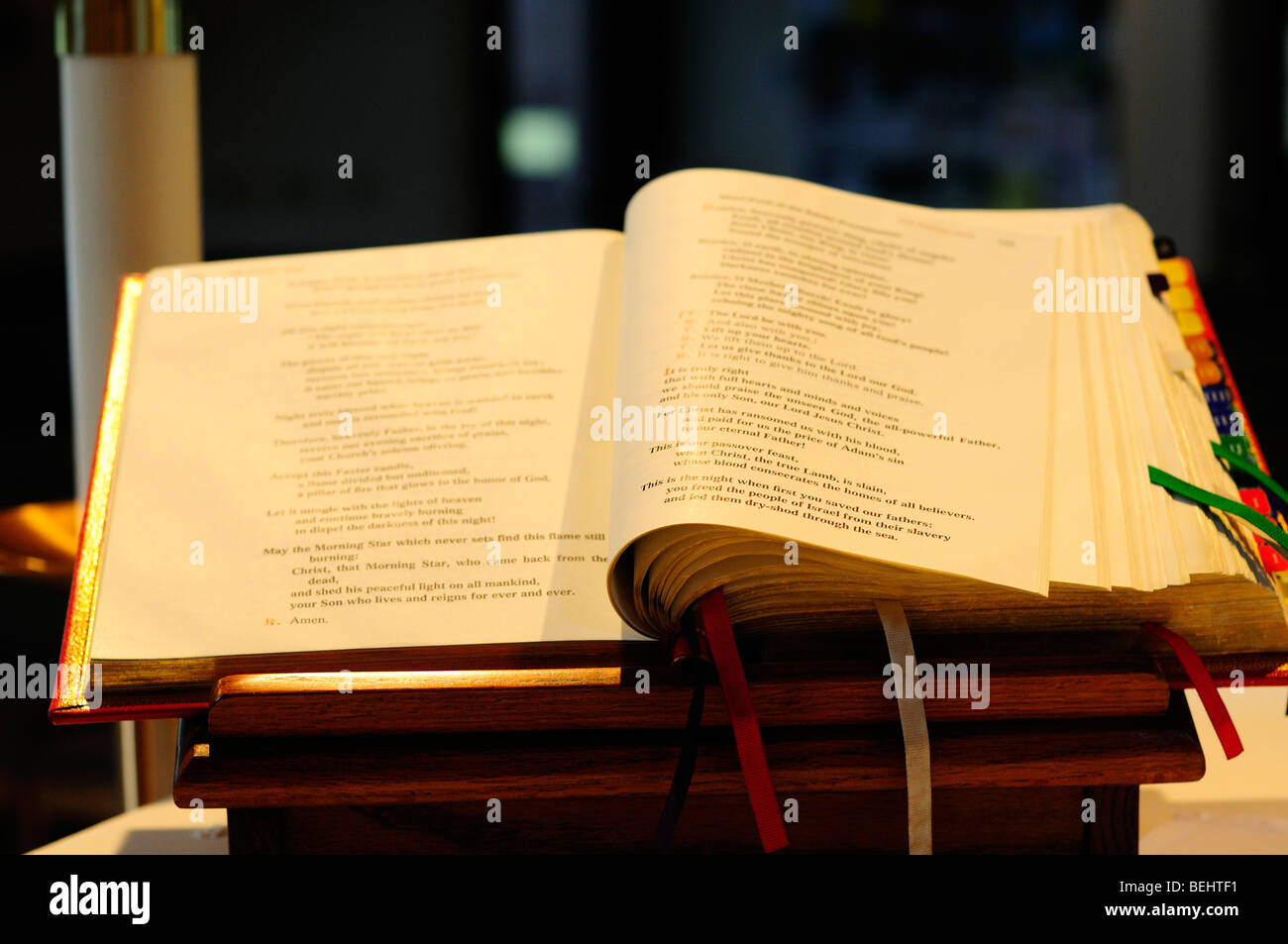 A book of sermons on a pulpit in a rural Catholic Church Stock Photo ...