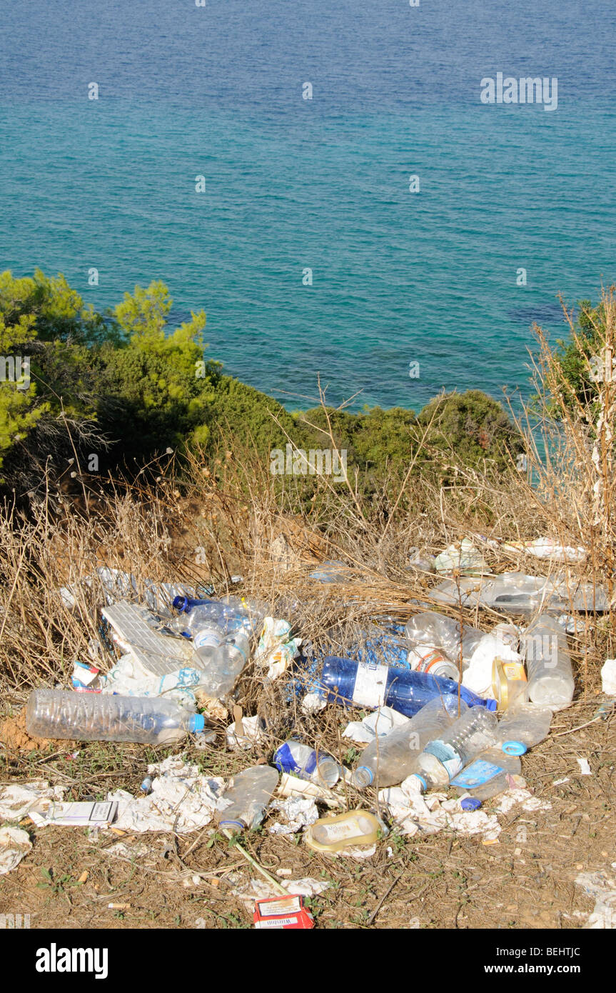 Discarded rubbish on a Greek coastal landscape overlooking the Toroneos ...