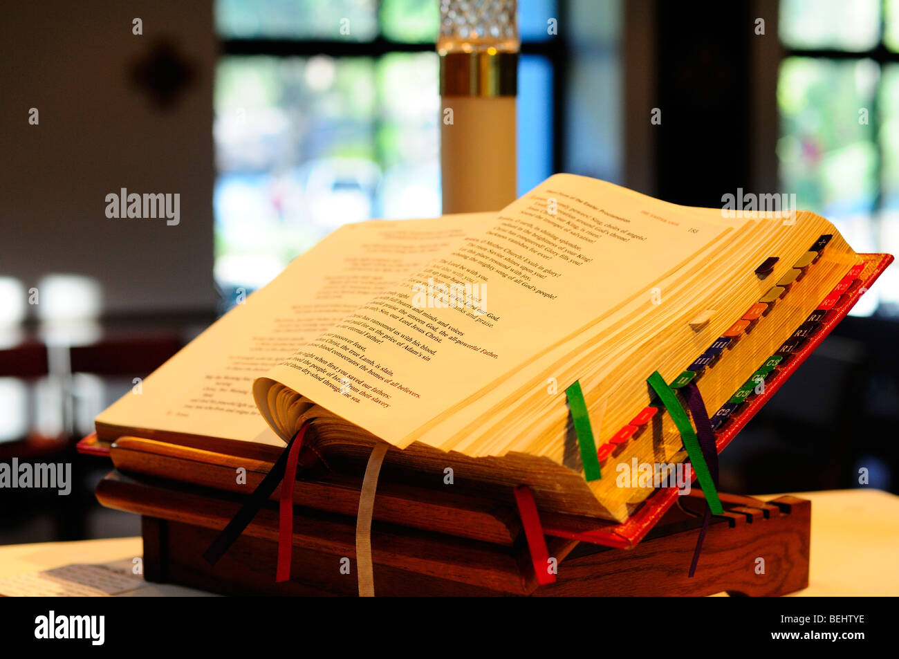 A book of sermons on a pulpit in a rural Catholic Church Stock Photo ...