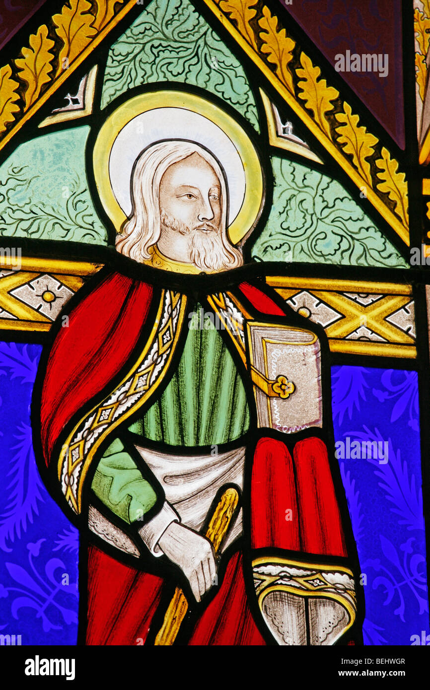 A stained glass window depicting St James the Less, or Lesser, holding ...