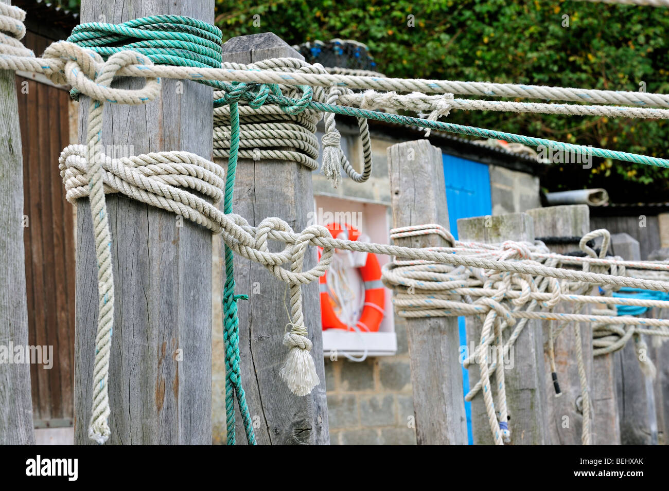 Ropes knotted around wooden mooring posts at Port Racine, the smallest ...