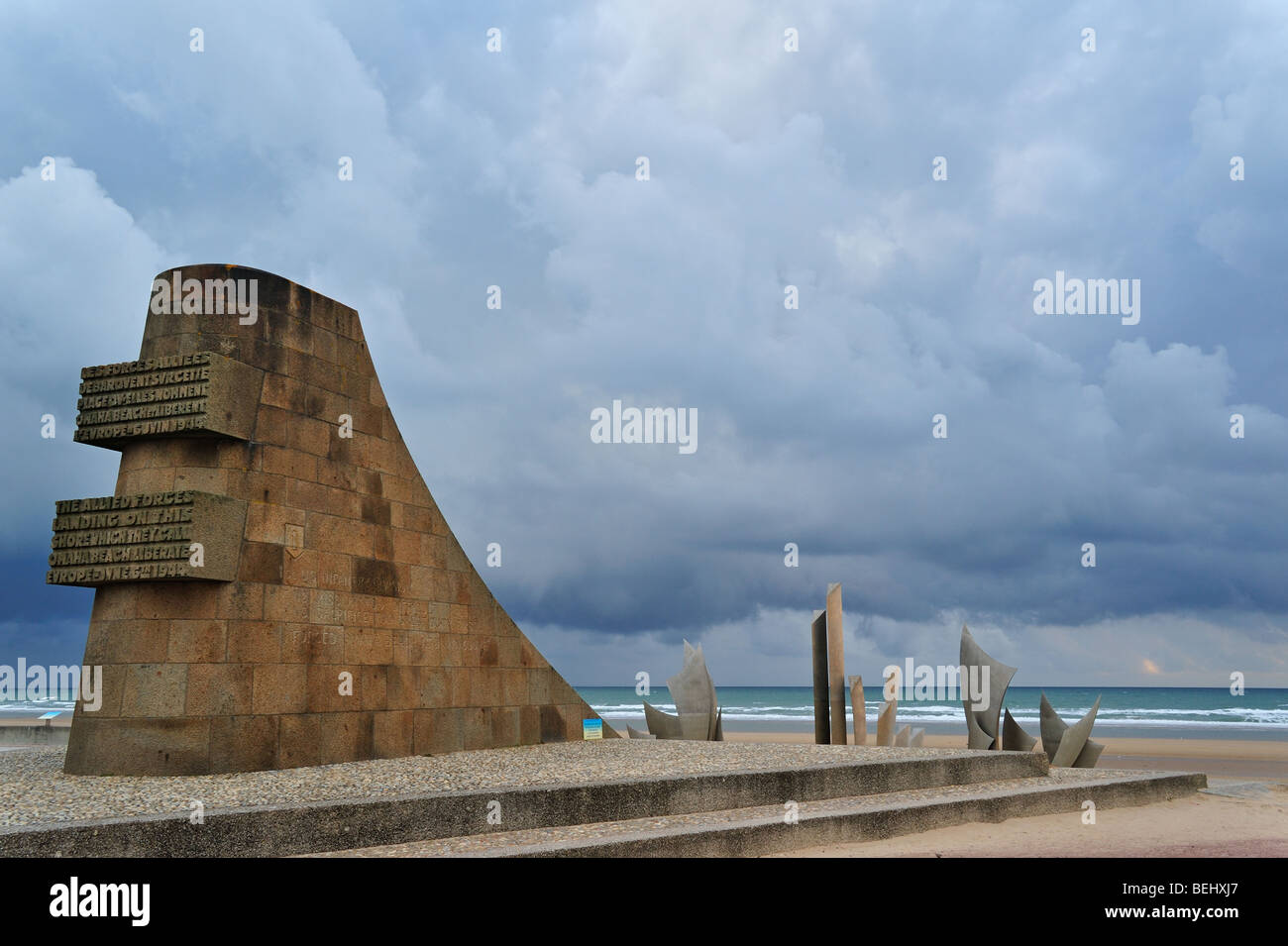 The WW2 American D-Day landing Omaha Beach Signal monument on the dike ...