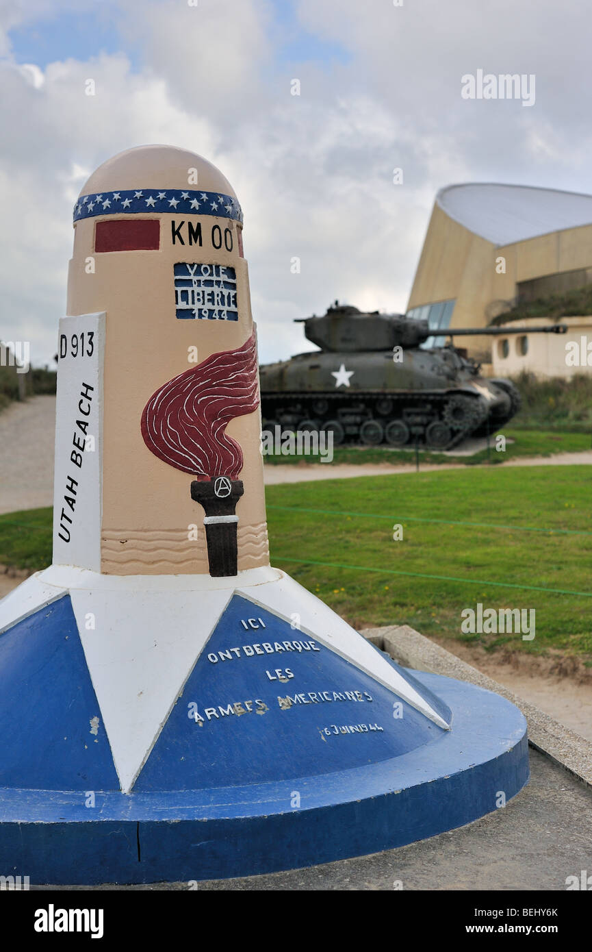 The Second World War Two milestone 00 marker near the WW2 Utah Beach ...