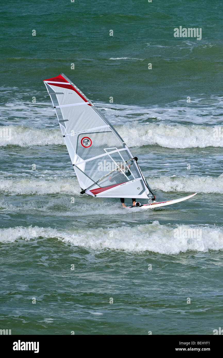 Windsurfer in wetsuit windsurfing on the North Sea on a stormy day ...