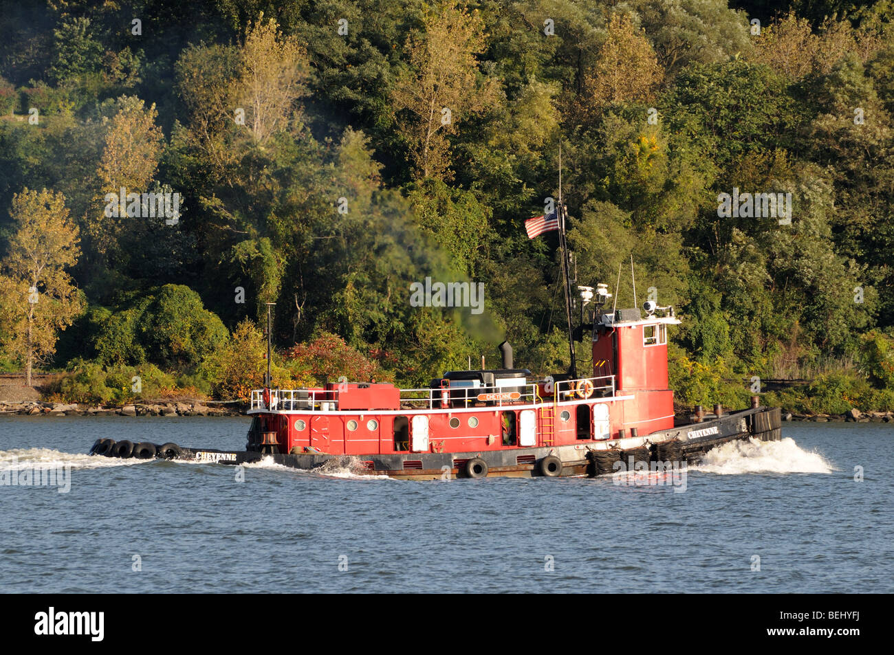 The tugboat "Cheyenne" making its way down the Hudson River. The ...