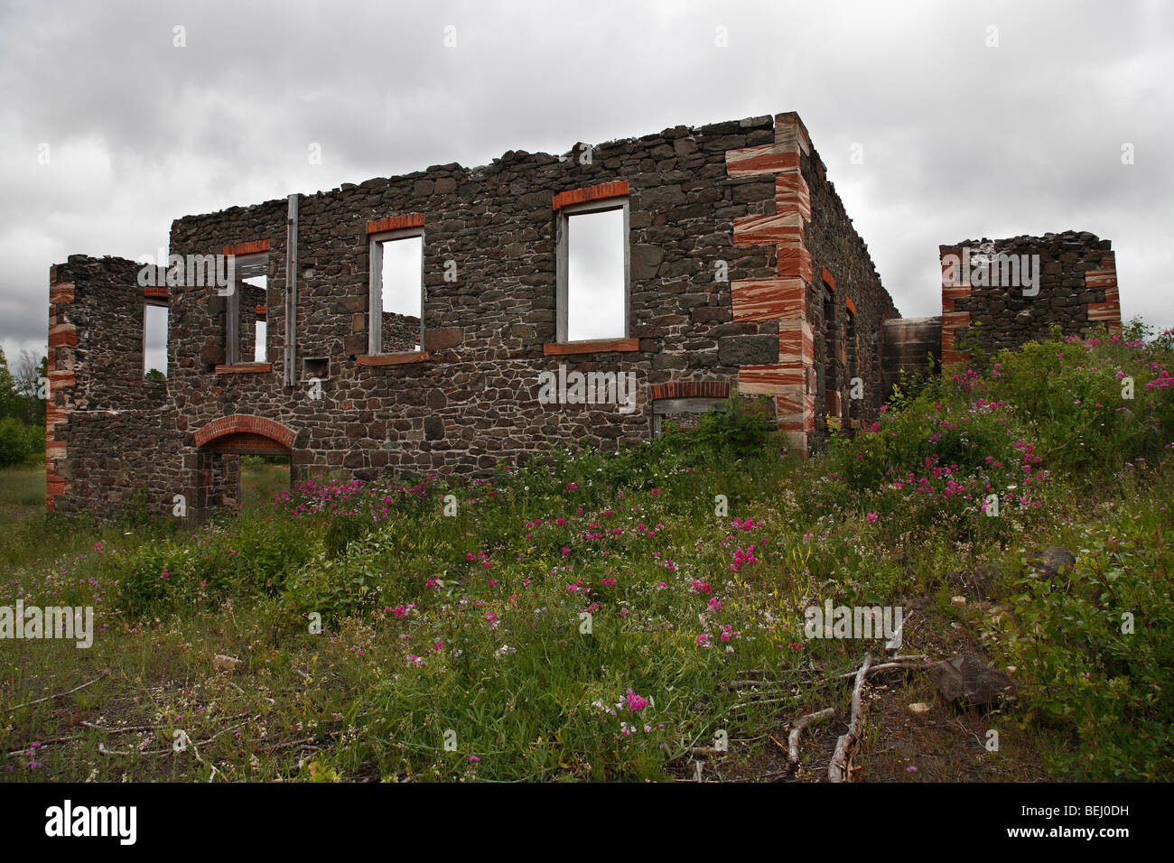 Ruins of old Quincy Copper Mine building in Hancock Michigan in USA hi ...