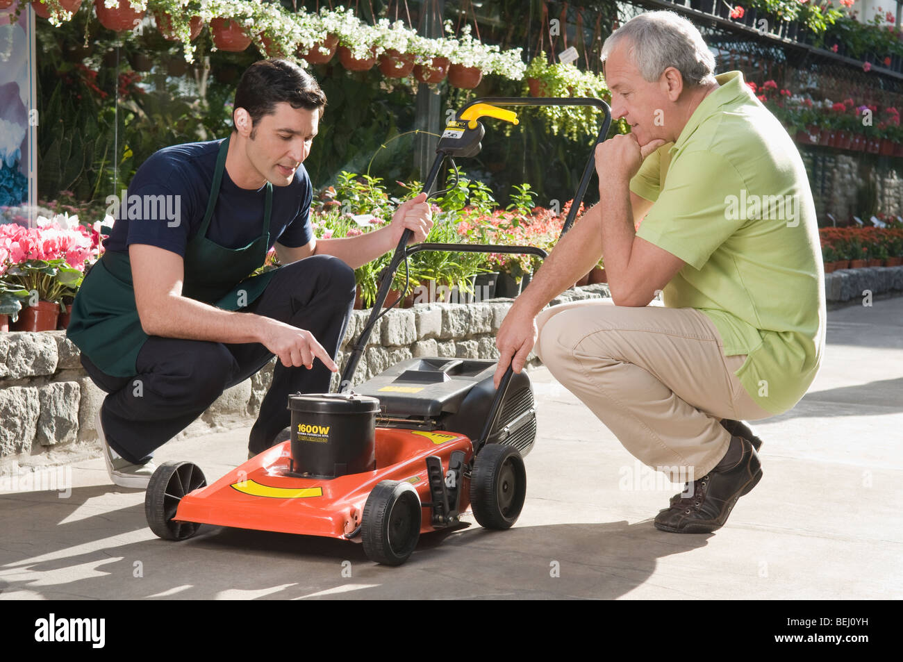 Man explaining about a lawn mower to a customer Stock Photo - Alamy