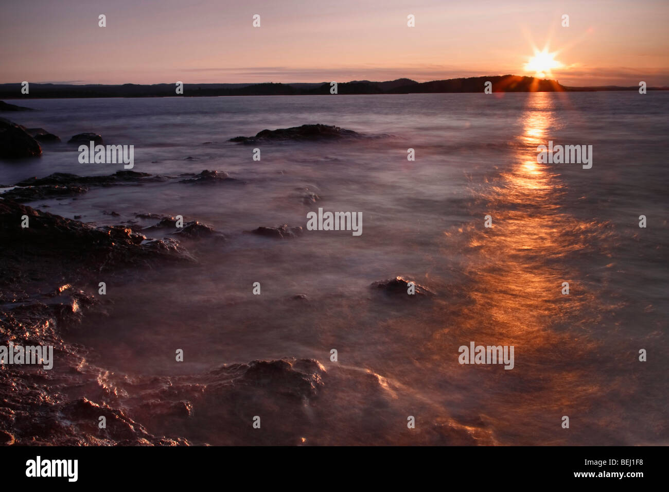 Dramatic Lake Superior summer orange sunset in Michigan USA top view ...