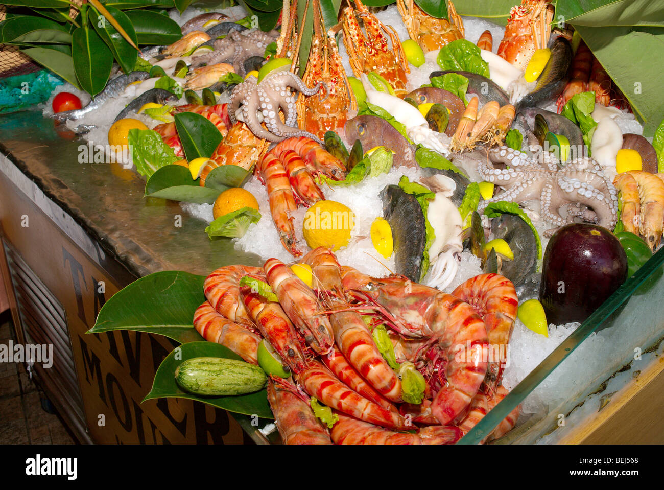 Assorted seafood on a bed of ice including fish giant shrimp lobster ...