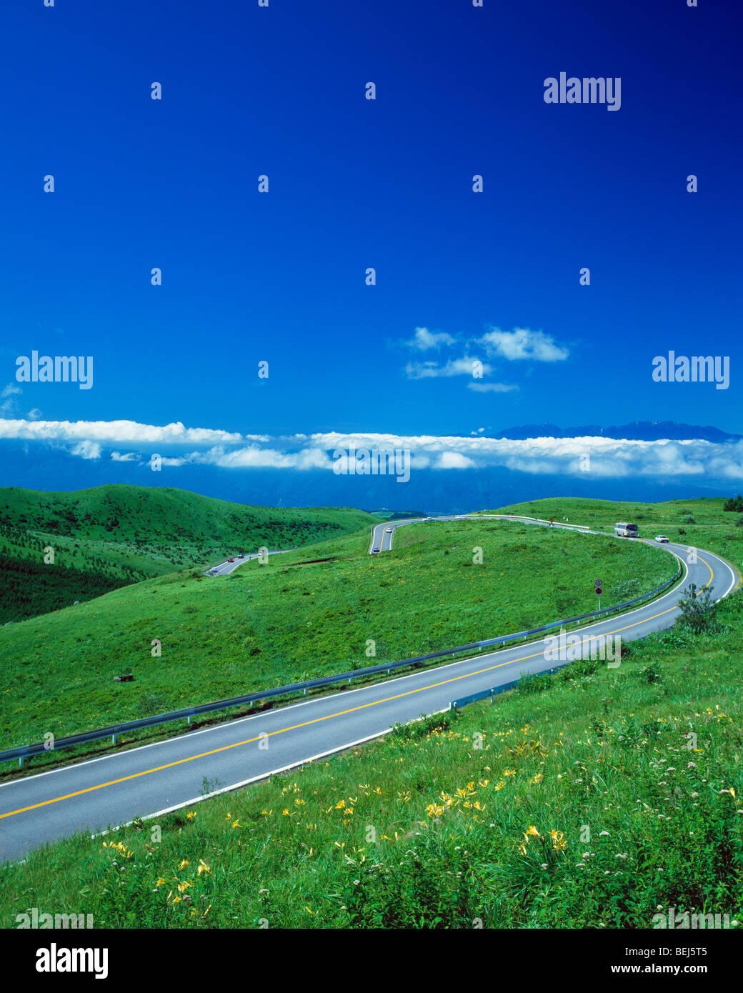 Rural road in the Kirigamine plateau, Nagano Prefecture, Japan Stock ...