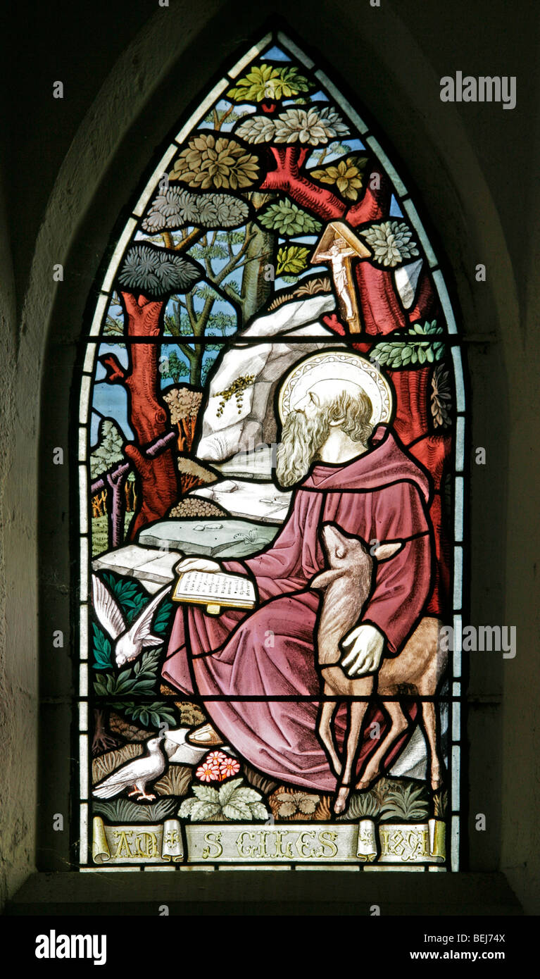 A stained glass window by Alex Booker depicting Saint Giles with his ...
