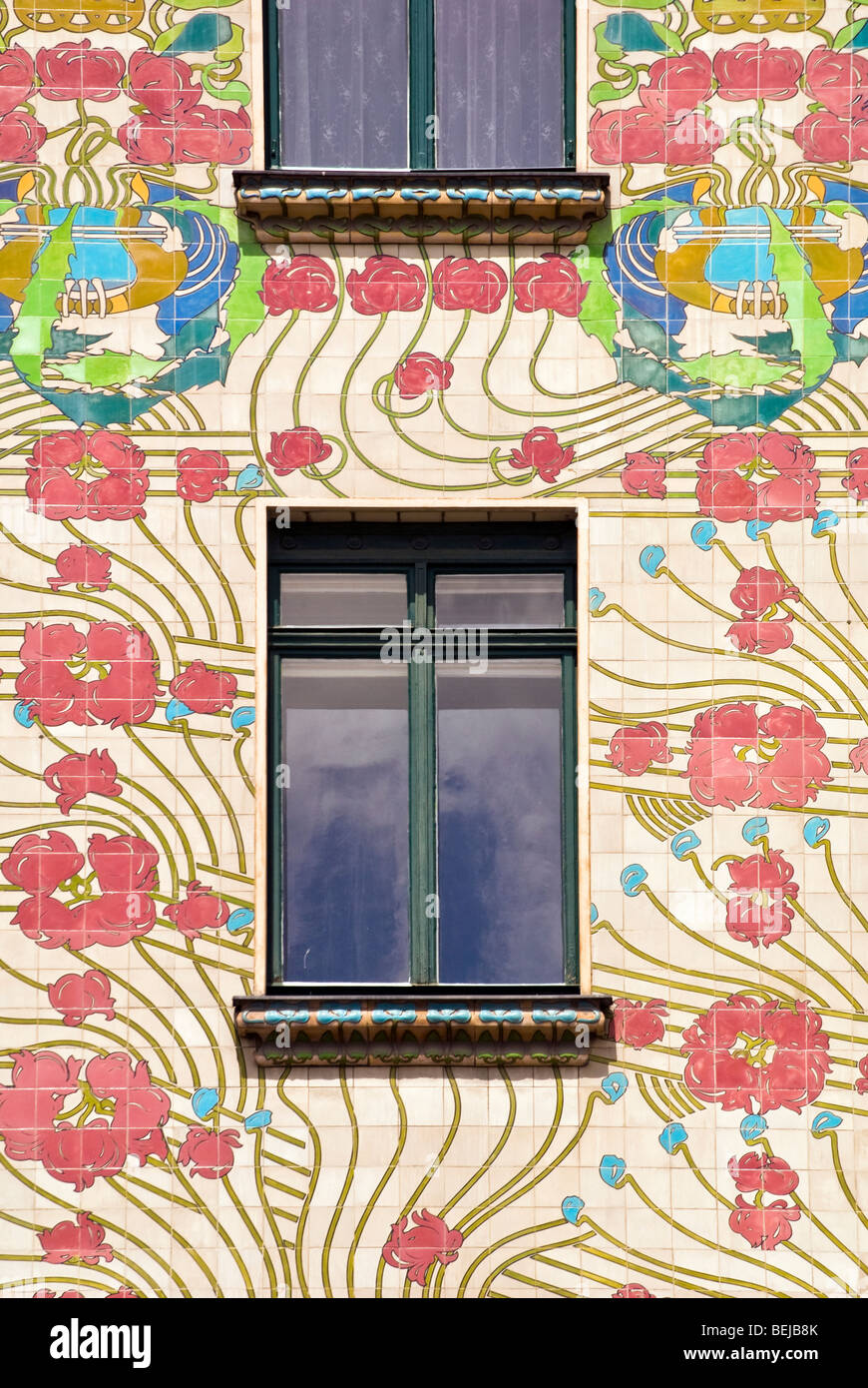 Art Nouveau designed tiles on the facade of the Majolikahaus, Vienna ...