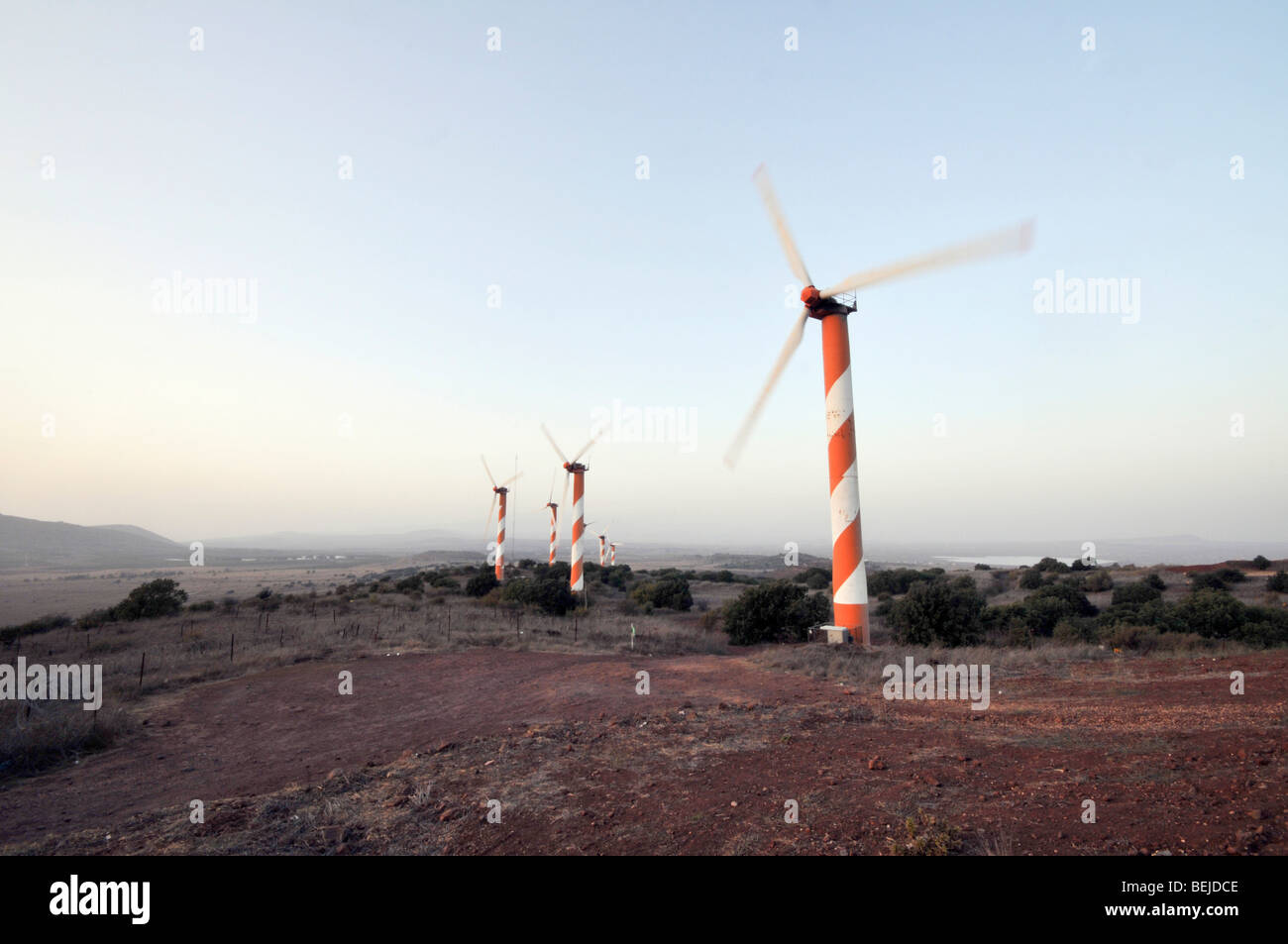 Israel, Golan Heights, View of Wind turbines near kibbutz Ein Zivan ...
