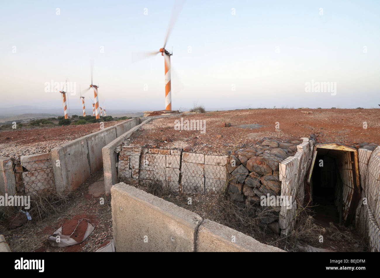 Israel, Golan Heights, View of Wind turbines near kibbutz Ein Zivan ...
