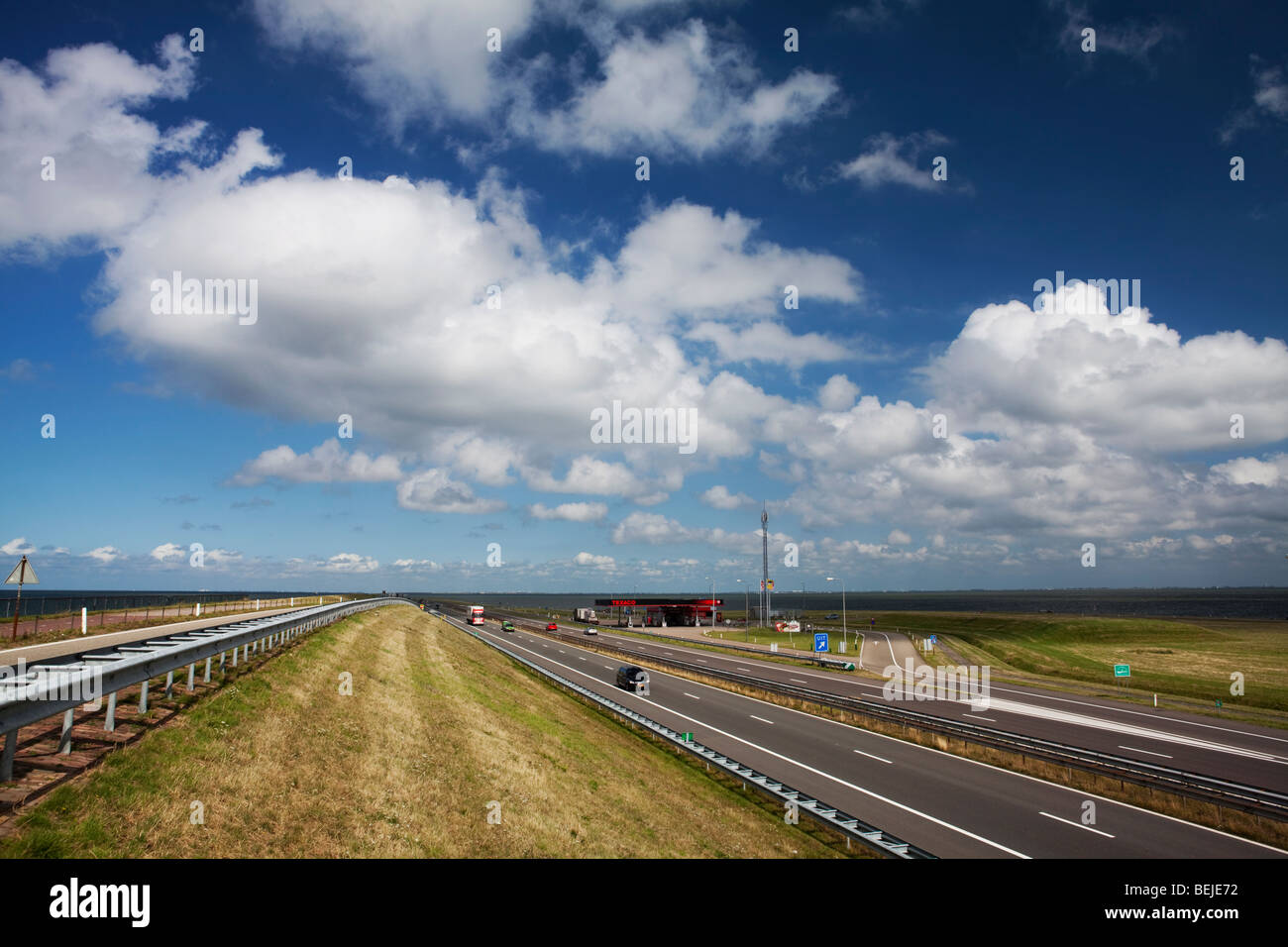 Highway road on the dyke between North Holland and Friesland ...