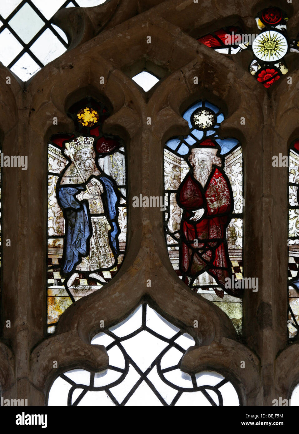 Detail of a medieval (15th century) stained glass window depicting ...