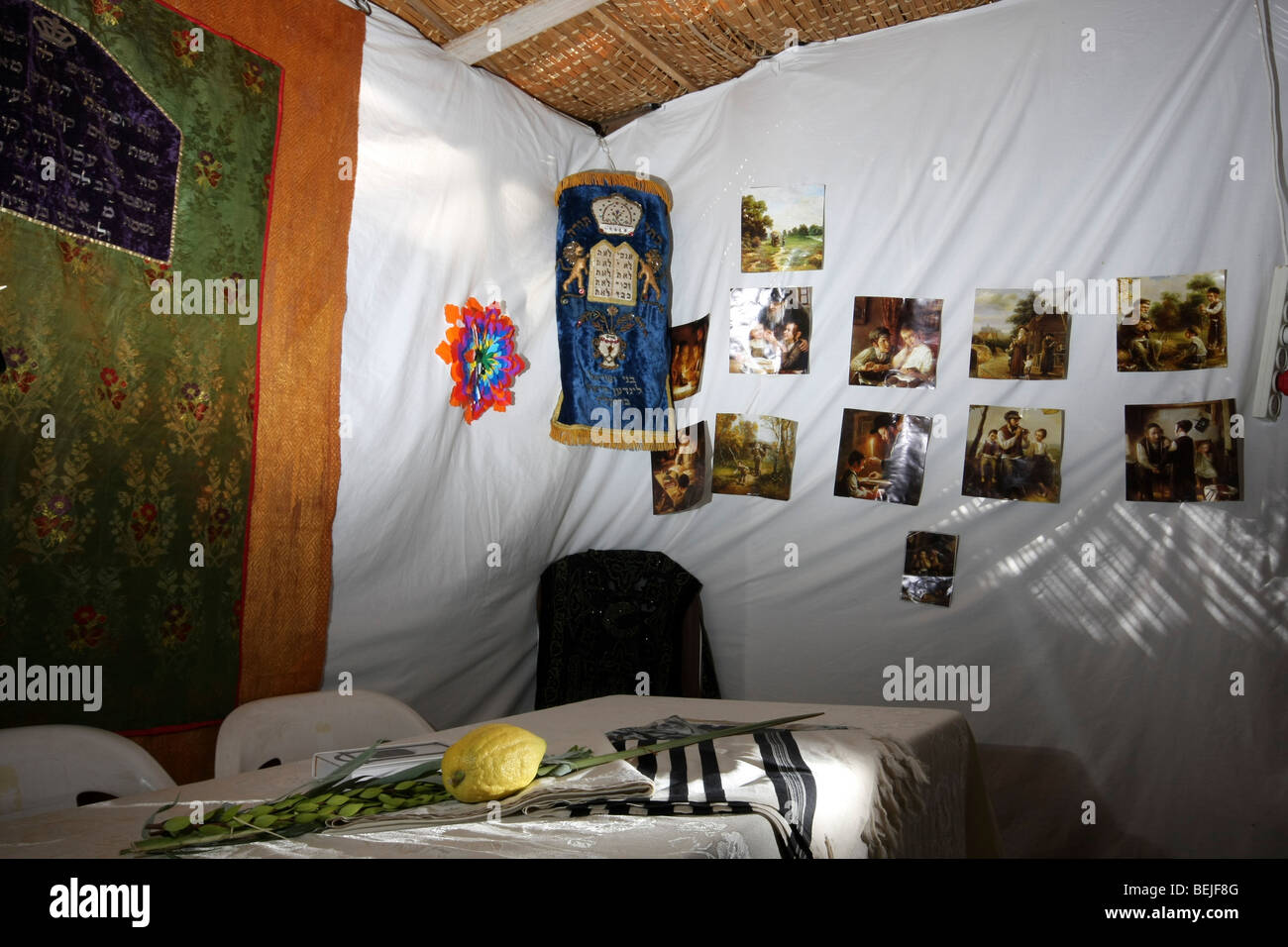 Interior of a Sukkah during Sukkoth The traditional four species on the ...