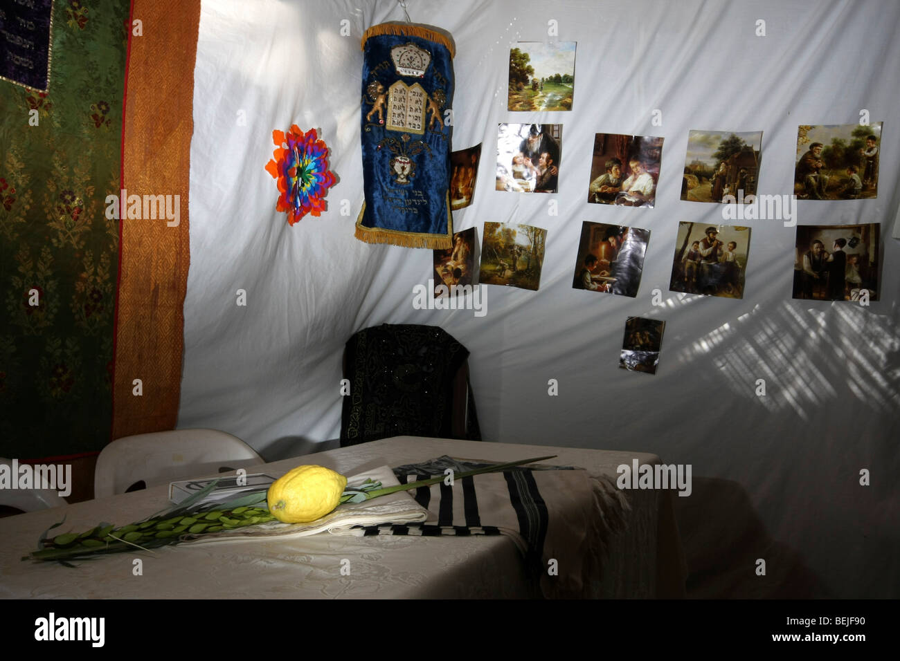 Interior of a Sukkah during Sukkoth The traditional four species on the ...