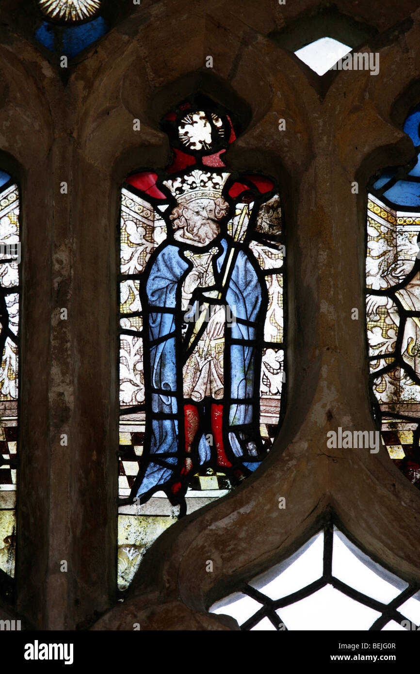 Detail of a medieval (15th century) stained glass window depicting King ...