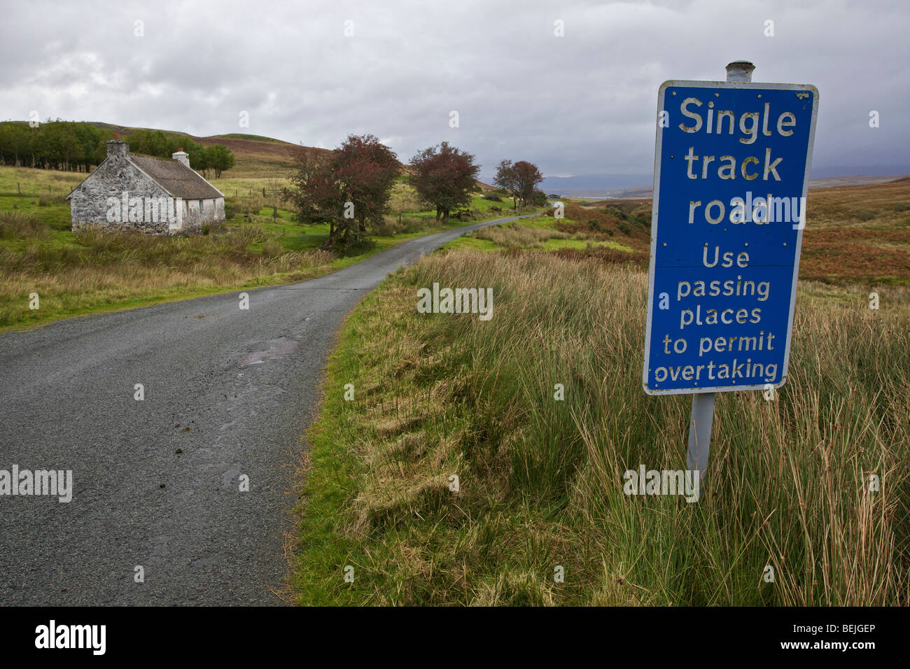 A single track road with a single track sign, Isle of Skye, Scotland ...