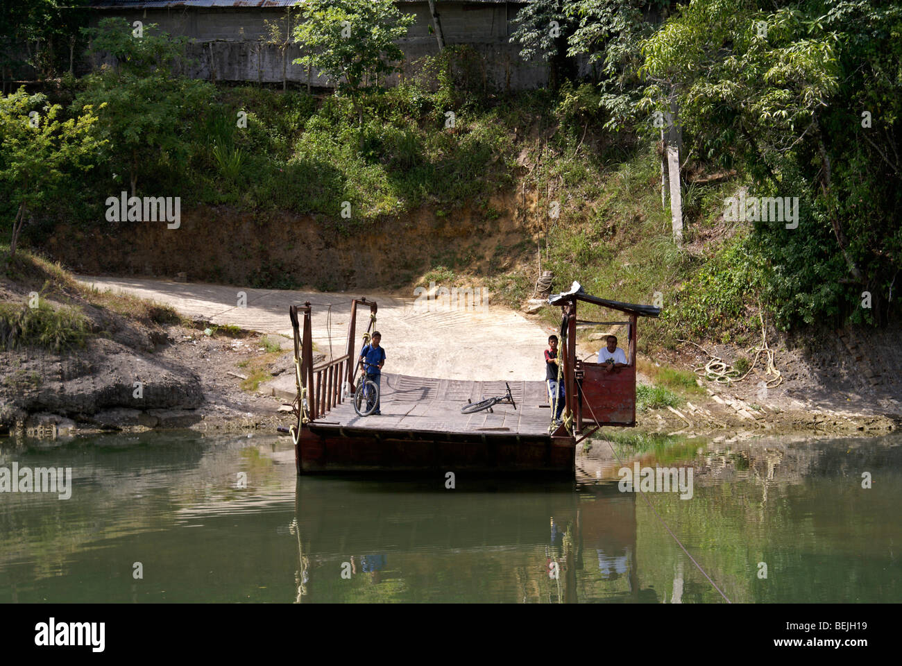 Hand operated river ferry near the town of Axtla de Terrazas, Huasteca ...