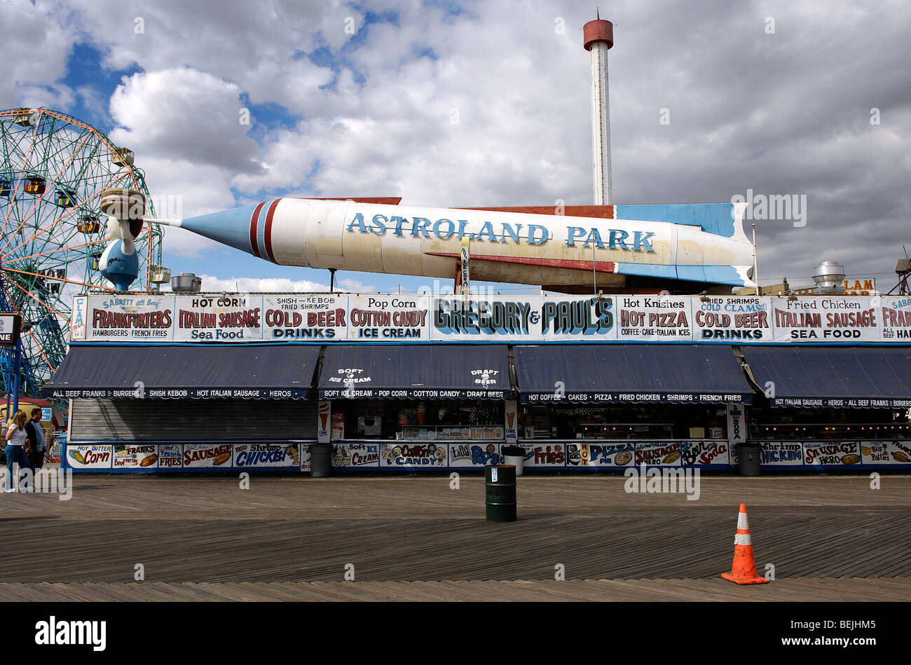 Food vendors at the Astroland amusement park on the boardwalk at Coney ...