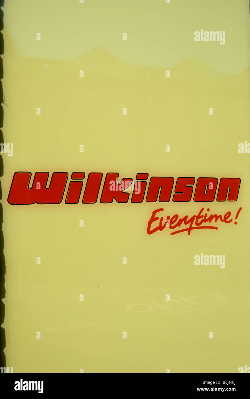 wilkinson everytime! slogan stencilled on a window of a wilkinsons ...