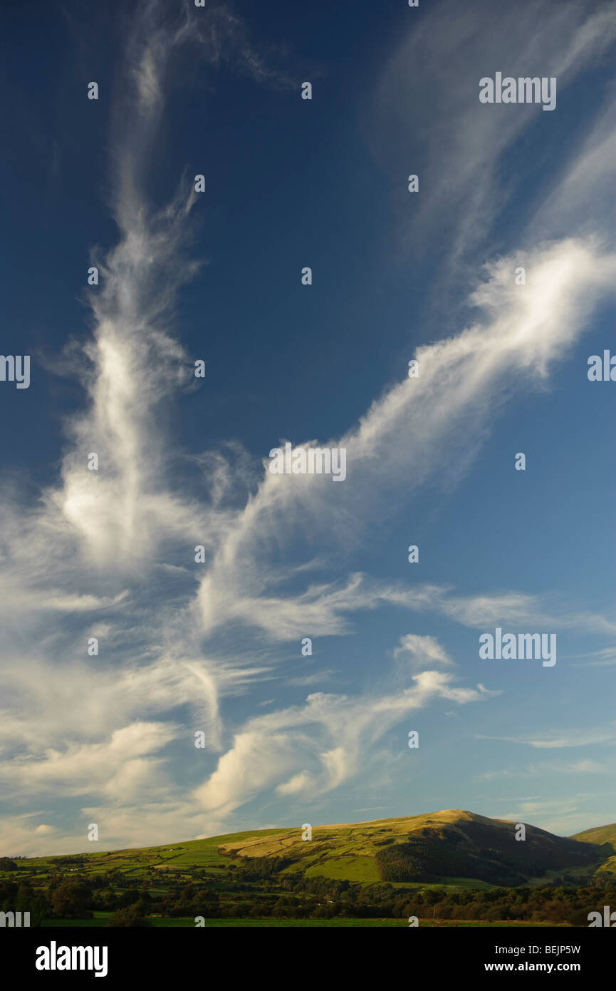 September afternoon, white wispy Cirrus clouds above hillside, Dysynni ...