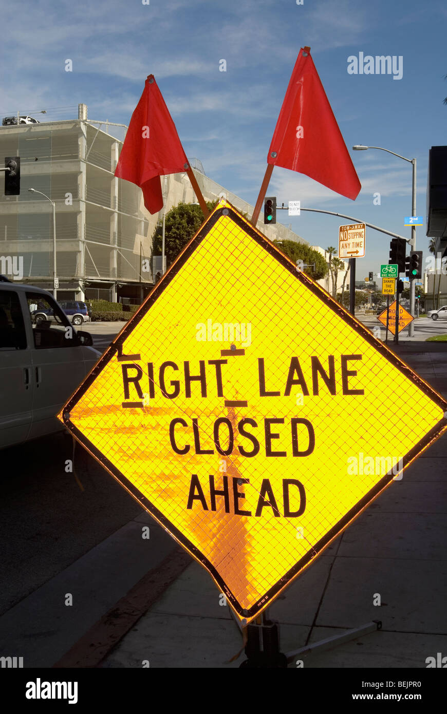 Right lane closed sign Stock Photo - Alamy