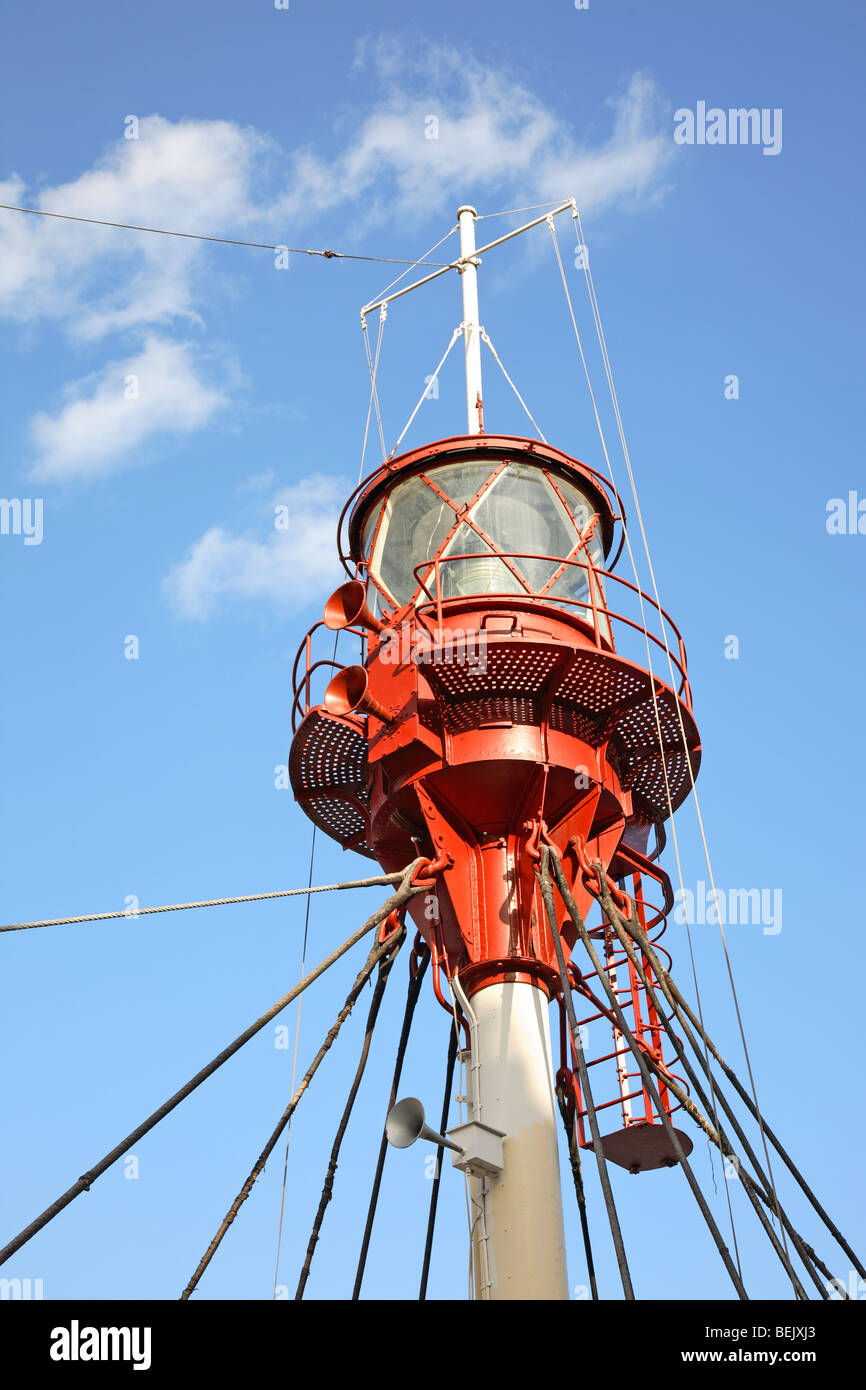 The red lantern on a lightship moored in the Nyhavn canal in the port ...