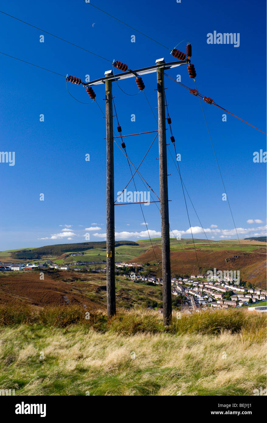 power lines on mynydd y glyn above porth in the rhondda valley south ...