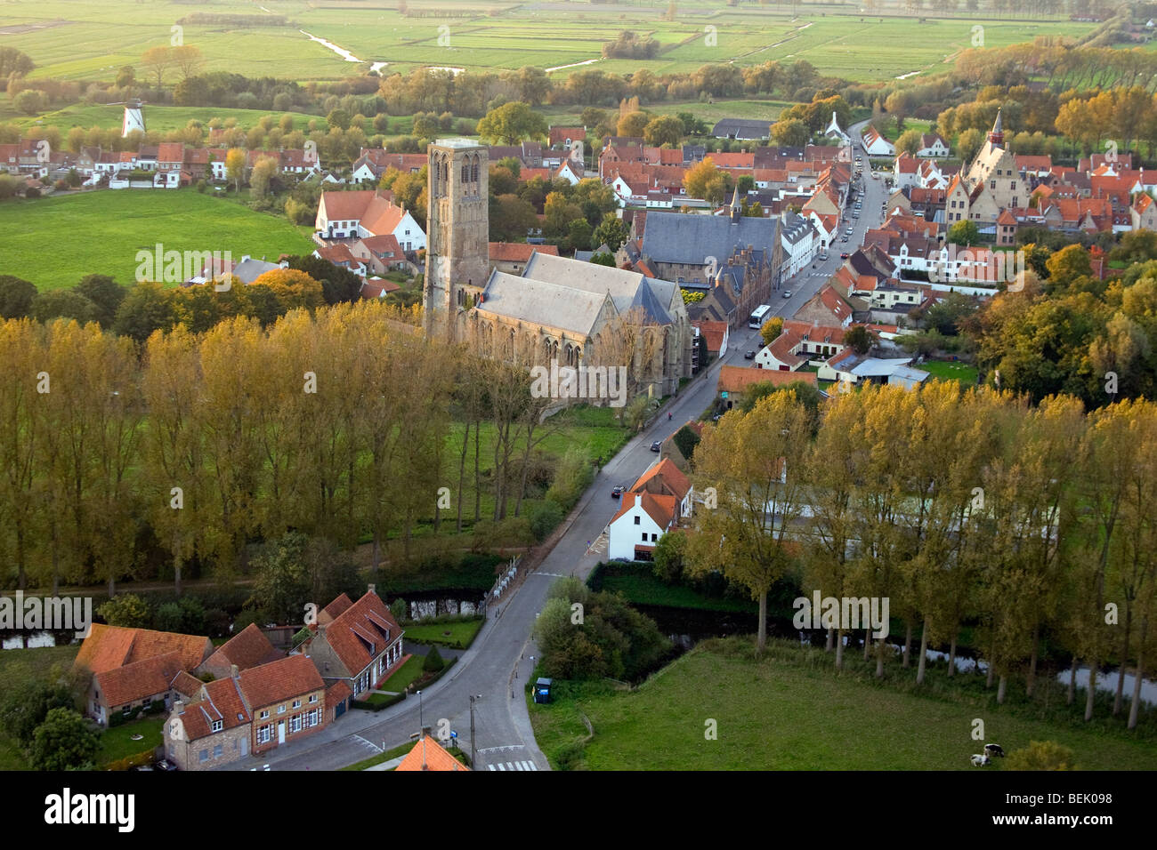 Aerial view over the town Damme with the Church of Our Lady in autumn ...