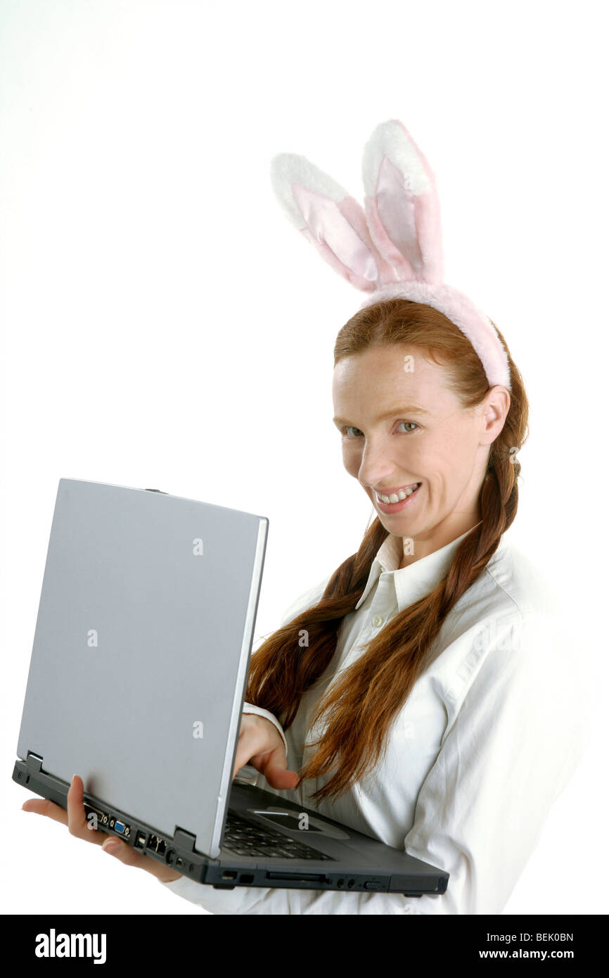 business laptop woman, humor and rabbit ears, isolated st studio white ...