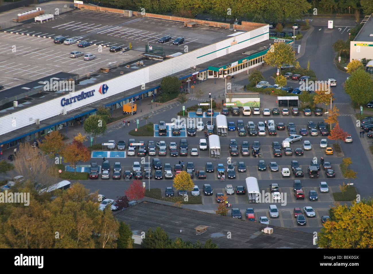 Aerial view over car park of supermarket, Belgium Stock Photo - Alamy