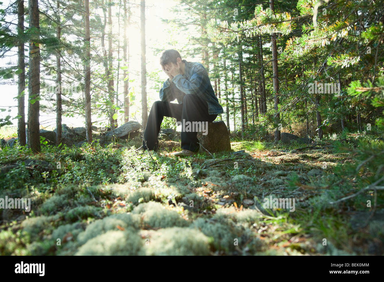 The sad young man sits in wood on a stone Stock Photo - Alamy
