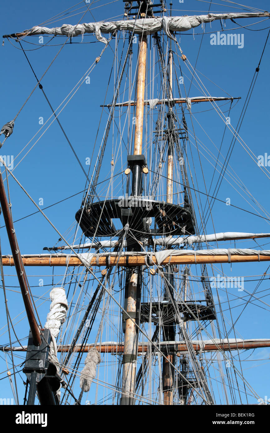 Rigging and masts of the replica British Frigate Grand Turk moored at ...