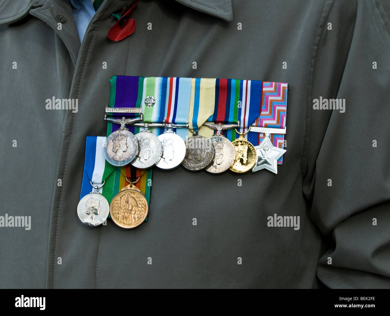 Veteran soldier parades proudly wearing medals presented for armed service duties during ...