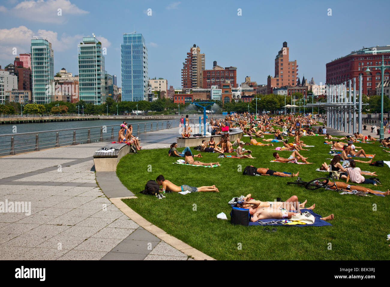 Tanning at Hudson River Park in Manhattan New York City Stock Photo - Alamy