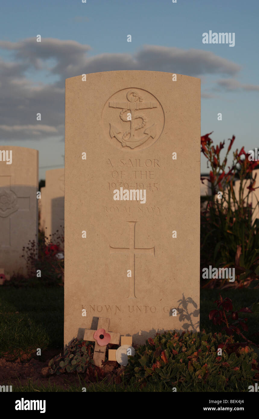 Close up of a a grave to 'A Sailor of the 1939-45 War'. Unknown unto God. Bayeux CWGC Cemetery ...